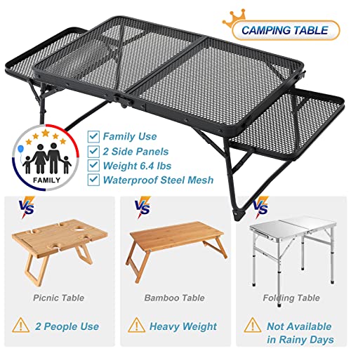 SKIKEN Small Low Camping Table with Wing Panels, Folding Low Picnic Table, Sturdy Steel Mesh Outdoor Table, Waterproof and Heat Resistant, Aluminum (3ft, Black)