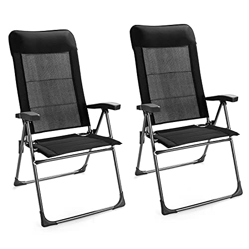 Tangkula 2 Pieces Patio Dining Chairs, Folding Portable Chairs with Adjustable Backrest, Outdoor Camping Chair Set with Armrests & Headrest, Set of 2 Outdoor Lawn Chairs for Yard, Poolside, Balcony