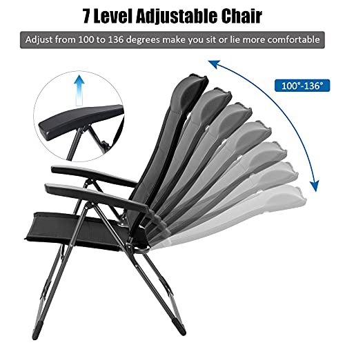 Tangkula 2 Pieces Patio Dining Chairs, Folding Portable Chairs with Adjustable Backrest, Outdoor Camping Chair Set with Armrests & Headrest, Set of 2 Outdoor Lawn Chairs for Yard, Poolside, Balcony