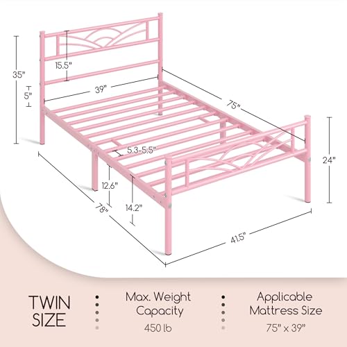 Yaheetech Twin Size Bed Frames Metal Platform Bed Mattress Foundation with Cloud-Inspired Design Headboard/Footboard/Ample Under Bed Storage/No Box Spring Needed/Pink