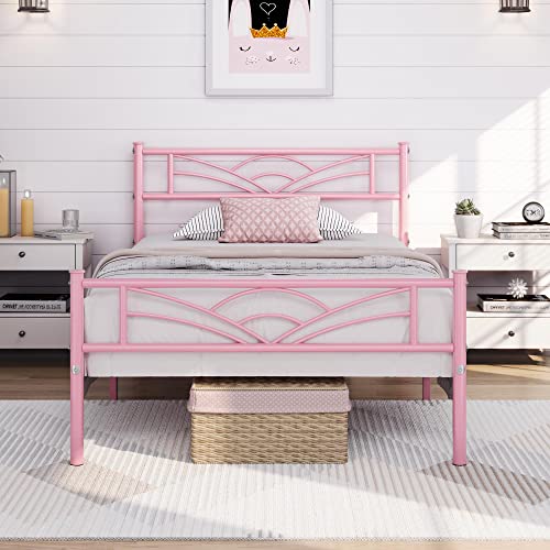 Yaheetech Twin Size Bed Frames Metal Platform Bed Mattress Foundation with Cloud-Inspired Design Headboard/Footboard/Ample Under Bed Storage/No Box Spring Needed/Pink
