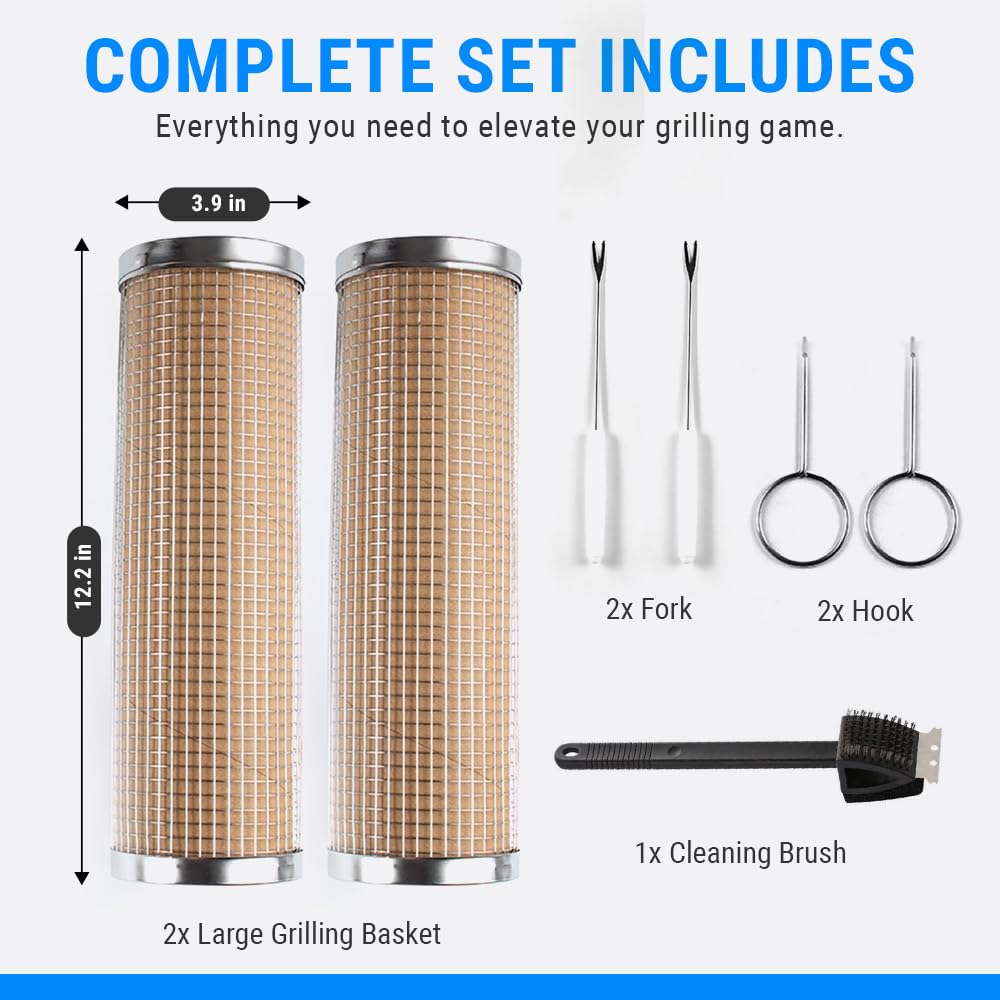 EmGi Grilling Basket 2 PCS, w/ BONUS Grill Brush, BBQ Grill Basket, Rolling Grilling Basket, Stainless Steel Grill Mesh Barbeque Grill Accessories, Portable Grill Baskets for Outdoor Grill for Fish,