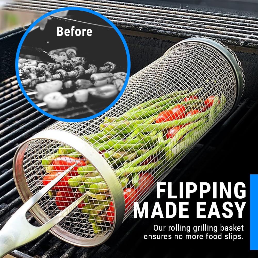 EmGi Grilling Basket 2 PCS, w/ BONUS Grill Brush, BBQ Grill Basket, Rolling Grilling Basket, Stainless Steel Grill Mesh Barbeque Grill Accessories, Portable Grill Baskets for Outdoor Grill for Fish,