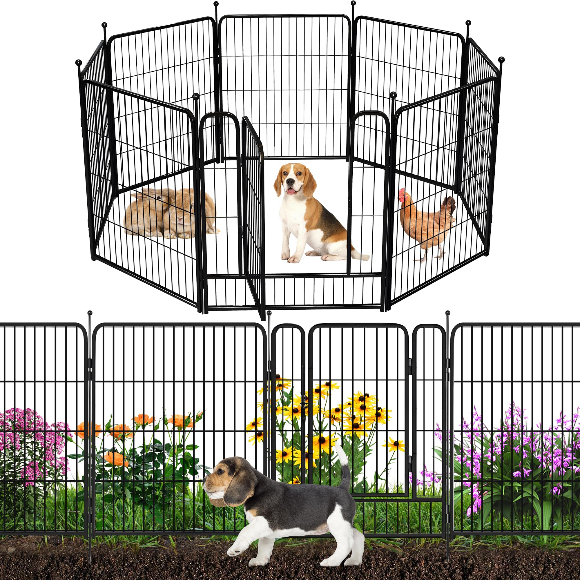 Rengue Garden Fencing, Decorative Garden Metal Fence, 18ft(L)×32in(H) Animal Barrier Garden Fence with Gate, Heavy Duty Iron Fencing for Dogs, Outdoor, Yard (8 Panels)