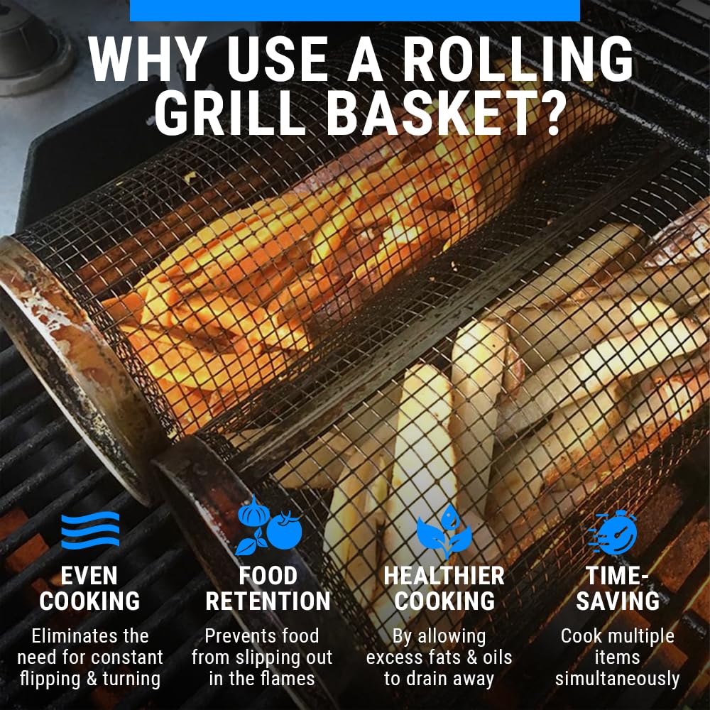 EmGi Grilling Basket 2 PCS, w/ BONUS Grill Brush, BBQ Grill Basket, Rolling Grilling Basket, Stainless Steel Grill Mesh Barbeque Grill Accessories, Portable Grill Baskets for Outdoor Grill for Fish,