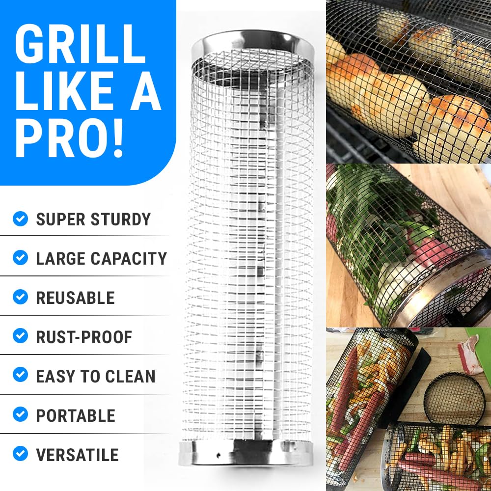 EmGi Grilling Basket 2 PCS, w/ BONUS Grill Brush, BBQ Grill Basket, Rolling Grilling Basket, Stainless Steel Grill Mesh Barbeque Grill Accessories, Portable Grill Baskets for Outdoor Grill for Fish,