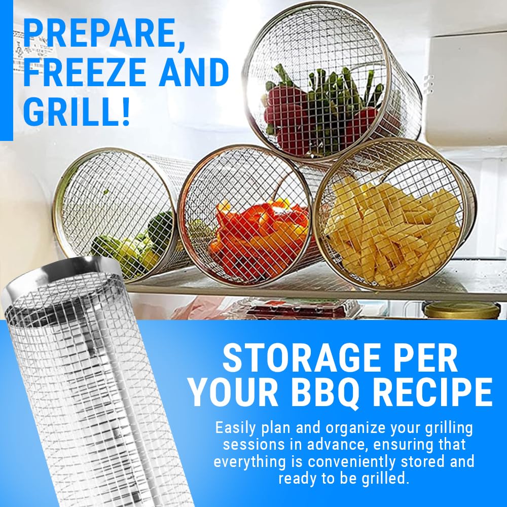 EmGi Grilling Basket 2 PCS, w/ BONUS Grill Brush, BBQ Grill Basket, Rolling Grilling Basket, Stainless Steel Grill Mesh Barbeque Grill Accessories, Portable Grill Baskets for Outdoor Grill for Fish,