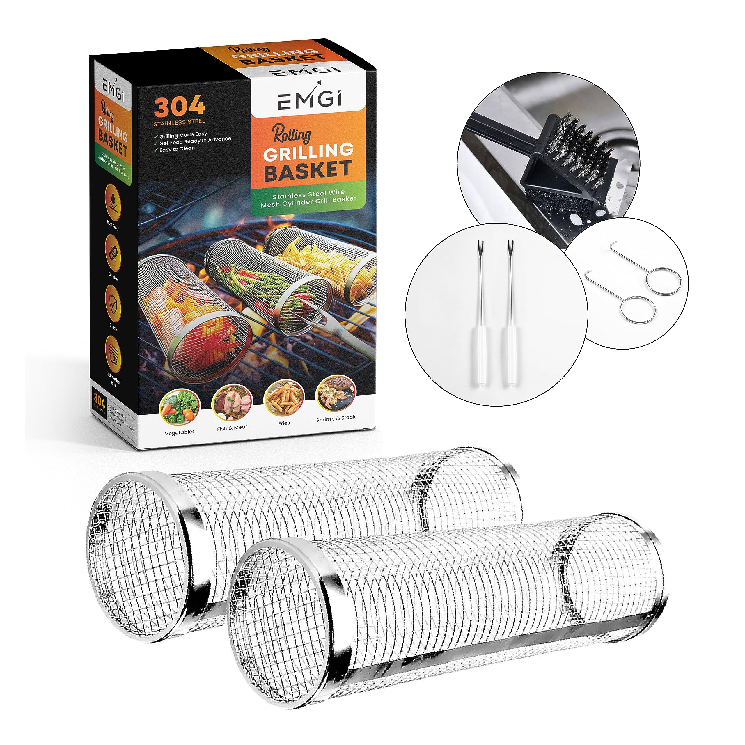 EmGi Grilling Basket 2 PCS, w/ BONUS Grill Brush, BBQ Grill Basket, Rolling Grilling Basket, Stainless Steel Grill Mesh Barbeque Grill Accessories, Portable Grill Baskets for Outdoor Grill for Fish,