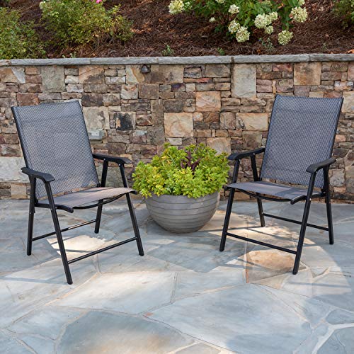 EMMA + OLIVER Gray Outdoor Folding Patio Sling Chair with Black Frame/Portable Chair (2 Pack)