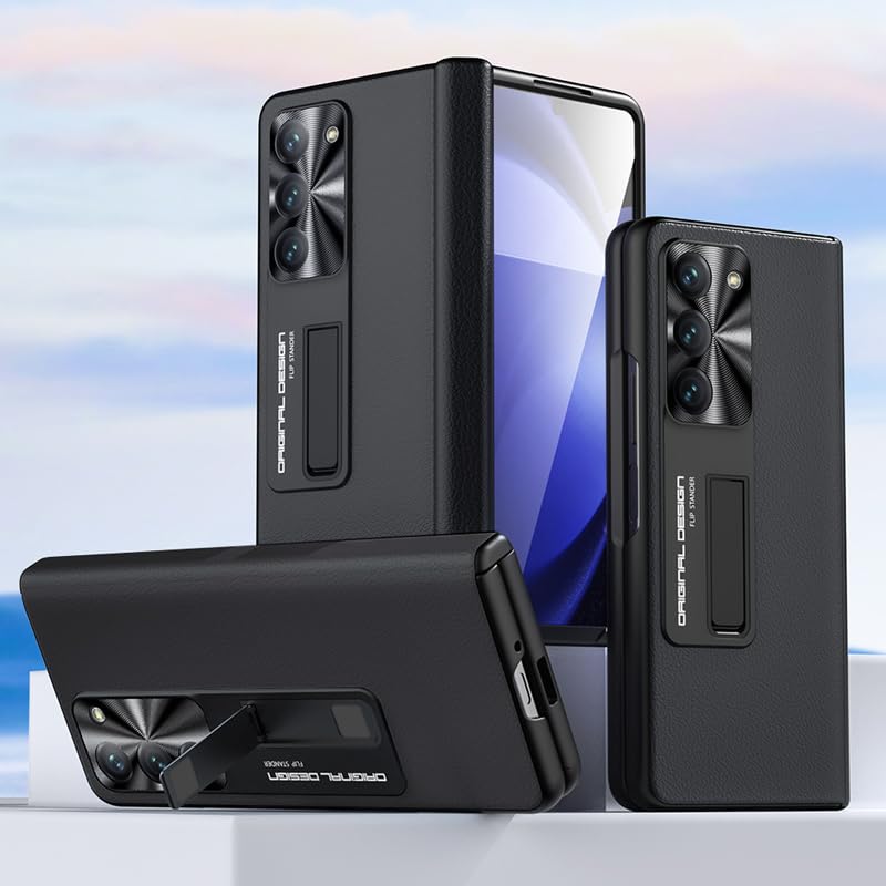 ioiFour Case for Samsung Galaxy Z Fold 5 with Kickstand and Hinge Protection, Built-in Front Screen Protector, Artificial Leather Elegant Business Scratch-Resistant Hard Case (Black PU)
