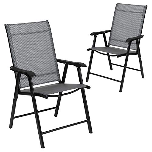 EMMA + OLIVER Gray Outdoor Folding Patio Sling Chair with Black Frame/Portable Chair (2 Pack)
