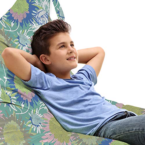Lunarable Flowers Lounger Chair Bag, Floral Theme Retro Aster Blossoms Complicated Design Vintage Art, High Capacity Storage with Handle Container, Lounger Size, Pale Teal and Multicolor