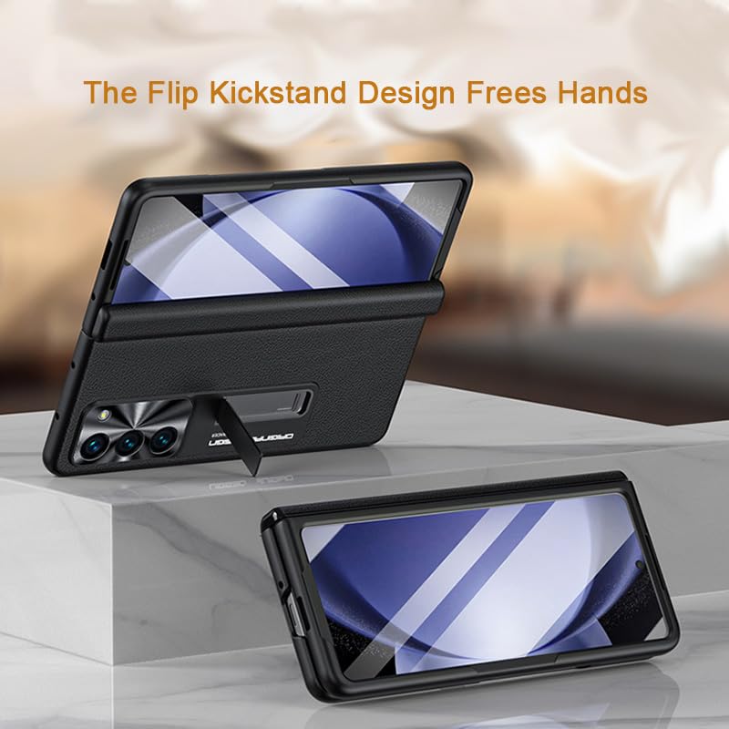 ioiFour Case for Samsung Galaxy Z Fold 5 with Kickstand and Hinge Protection, Built-in Front Screen Protector, Artificial Leather Elegant Business Scratch-Resistant Hard Case (Black PU)