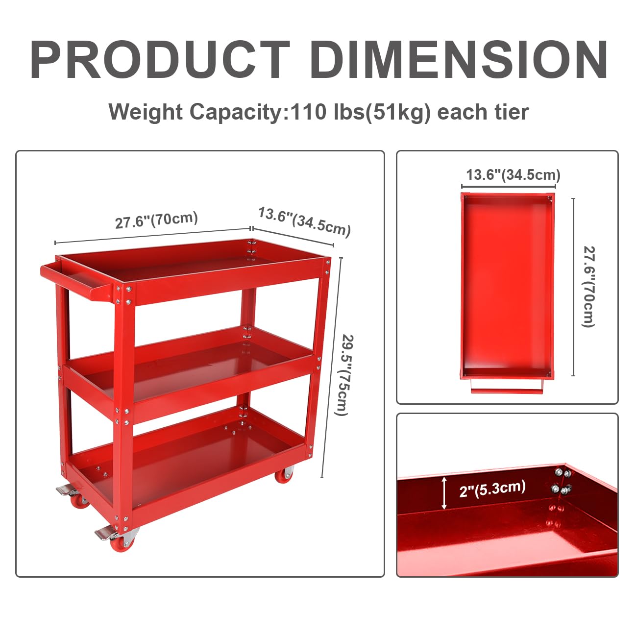 LFGUD 3-Tier Commercial Utility Cart with Brake Wheels, Sturdy Steel Construction, 110 lbs Capacity, Red