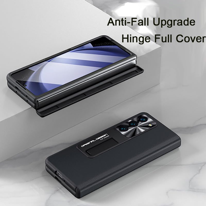 ioiFour Case for Samsung Galaxy Z Fold 5 with Kickstand and Hinge Protection, Built-in Front Screen Protector, Artificial Leather Elegant Business Scratch-Resistant Hard Case (Black PU)