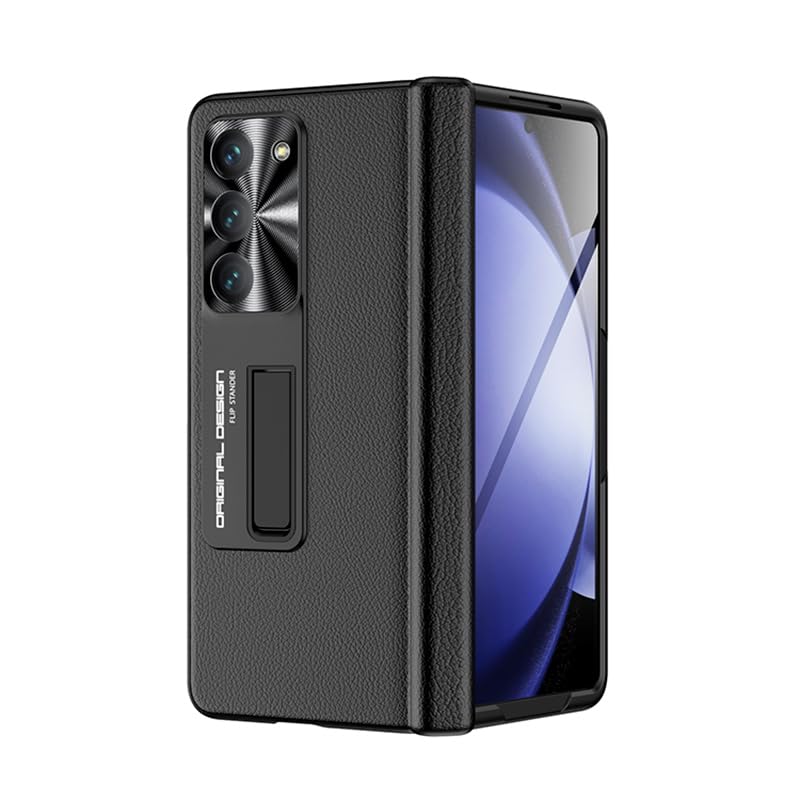 ioiFour Case for Samsung Galaxy Z Fold 5 with Kickstand and Hinge Protection, Built-in Front Screen Protector, Artificial Leather Elegant Business Scratch-Resistant Hard Case (Black PU)