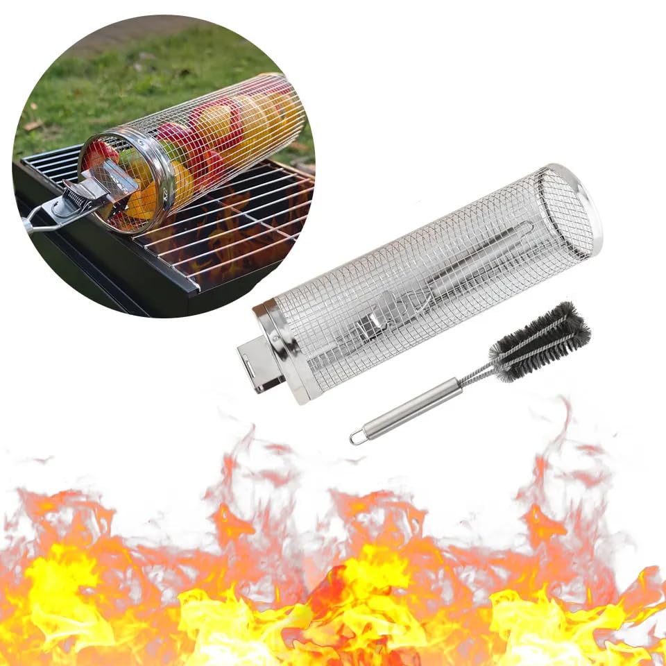 Rolling Grilling/Barbeque Baskets with Handle-Stainless BBQ Grill Mesh for Outdoor Camping/Grilling- Multipurpose Grilling Accessories Barbecue Rack/Net for Meat, Vegetables, Chips, French Fries, Fish