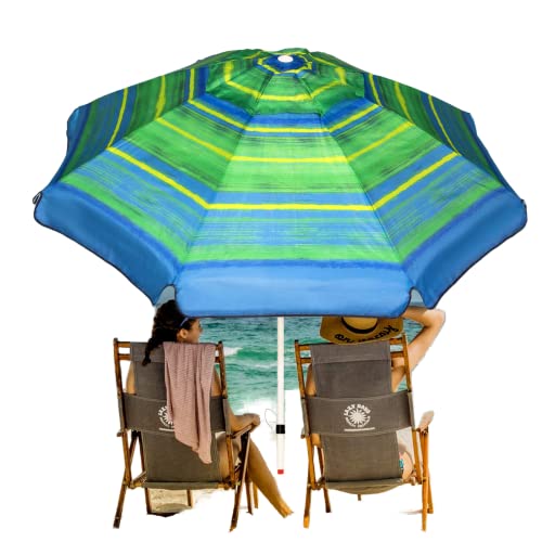 Ogrmar 7FT Beach Umbrella with Sand Anchor & Carry Bag, Portable Outdoor Windproof Sun Umbrella Sun 50+ Protection Umbrella with Push Button Tilt & Air Vent (Green Stripe)