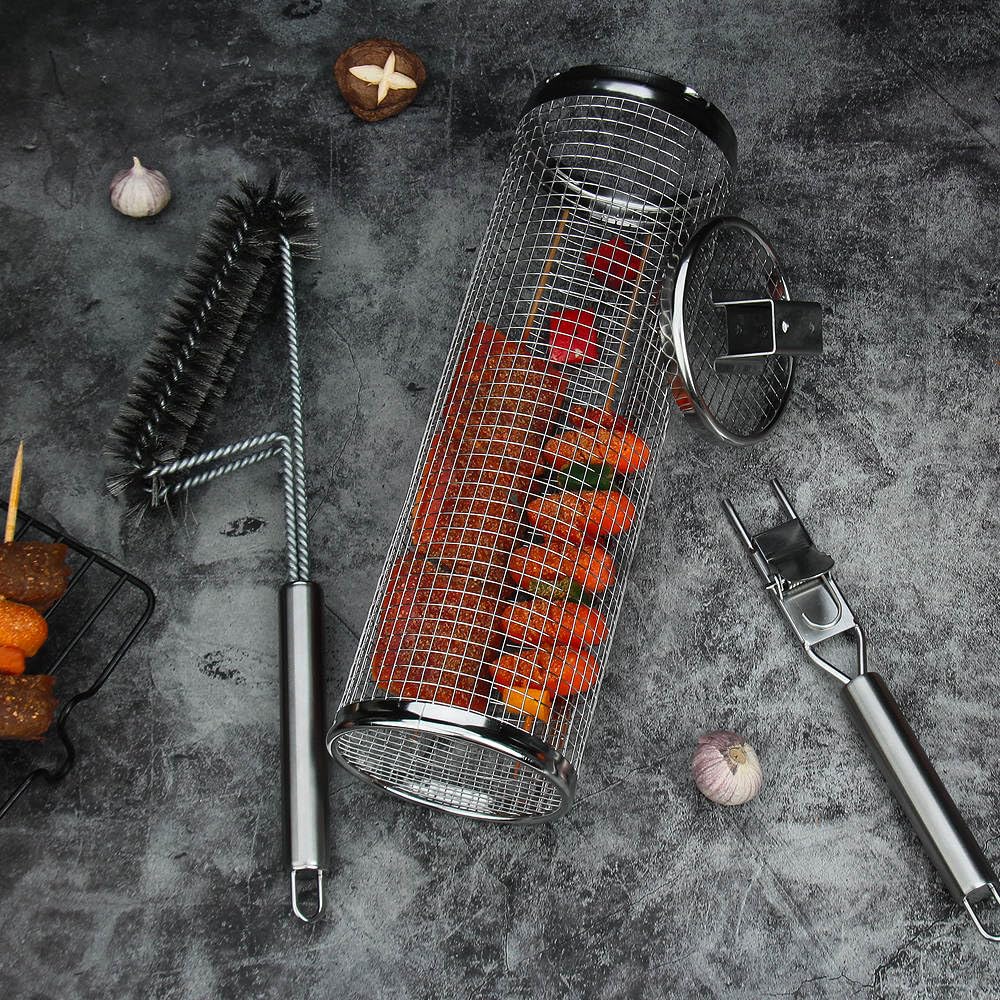 Rolling Grilling/Barbeque Baskets with Handle-Stainless BBQ Grill Mesh for Outdoor Camping/Grilling- Multipurpose Grilling Accessories Barbecue Rack/Net for Meat, Vegetables, Chips, French Fries, Fish