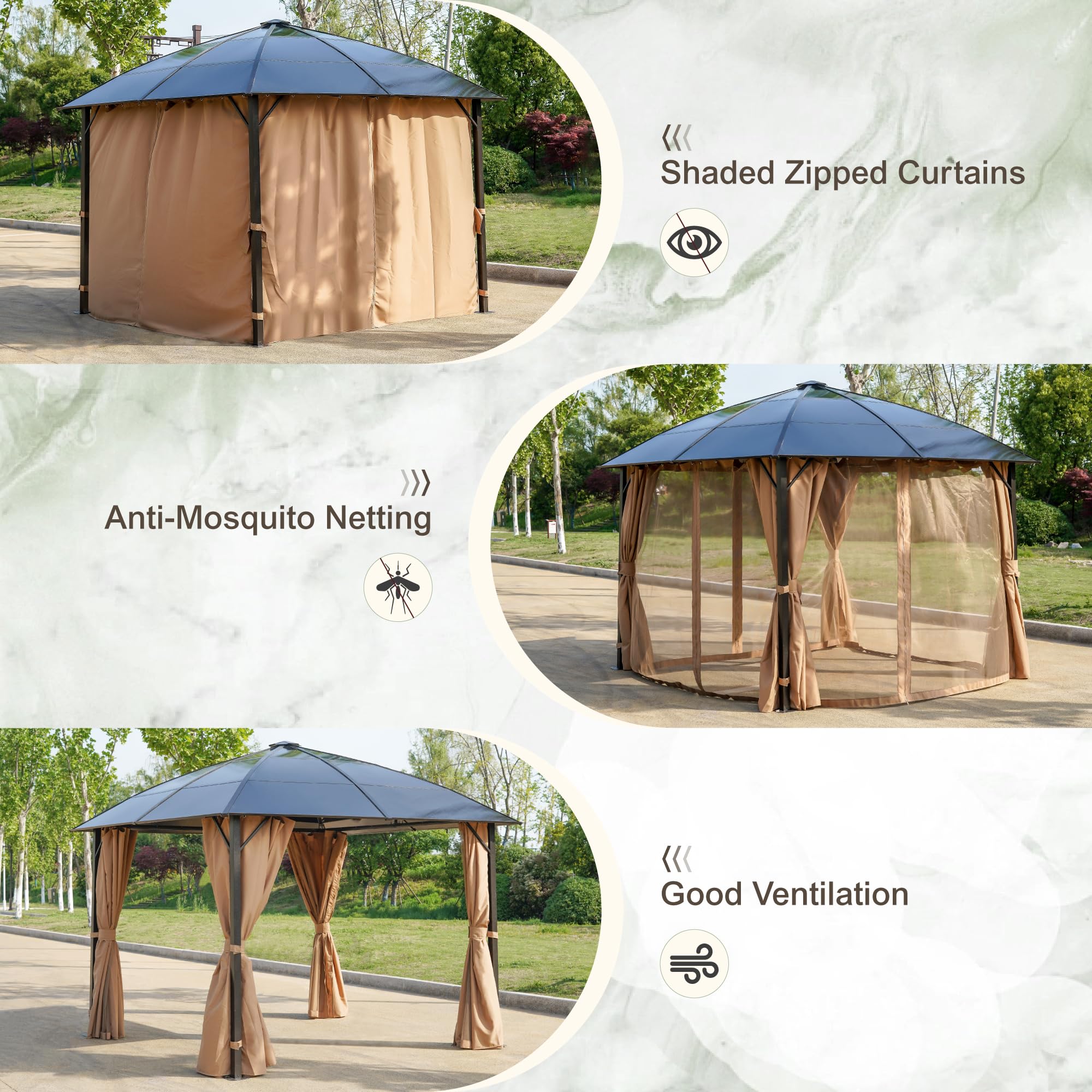 HERA'S HOUSE 10x10 Outdoor Hardtop Gazebo, Patio Canopy Flea Defence with Mosquito Netting&Curtains, Permanent Polycarbonate Tent Pergola for Lawn, Parties, Courtyard, Garden(Brown)