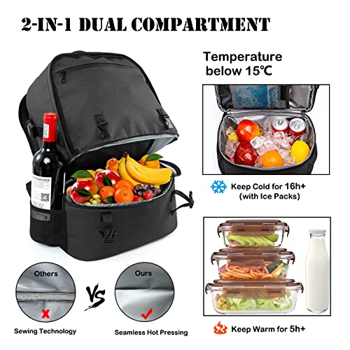 Insulated Cooler Backpack 38 Cans Leakproof Lightweight Lunch Backpack with USB Double Deck Small Cooler Backpack with Cooler Compartment for Work Beach Picnic Travel Trip Men Women (Black)