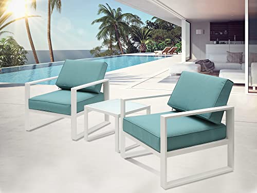 Green4ever Aluminium Outdoor Armchair, 3 Pcs Modern Metal Patio Sofa Balcony Conversation Sets with Side Table (White)