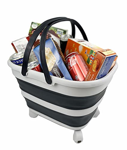 SAMMART 17L(4.5 Gallon) Collapsible Basket with Handle-Portable Outdoor Picnic Basket/Crater with 360˚ Rotating Wheels-Foldable Shopping Bag-Space Saving (Grey/Slate Grey)