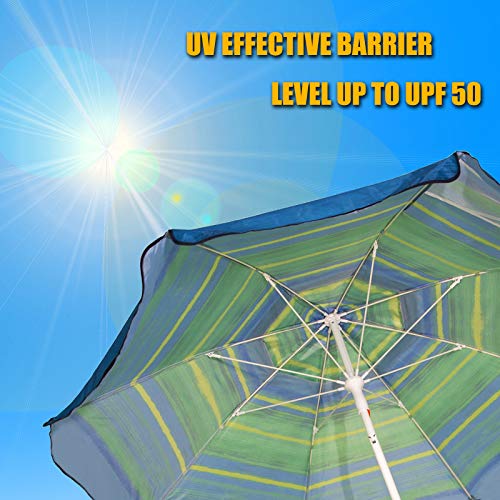 Ogrmar 7FT Beach Umbrella with Sand Anchor & Carry Bag, Portable Outdoor Windproof Sun Umbrella Sun 50+ Protection Umbrella with Push Button Tilt & Air Vent (Green Stripe)