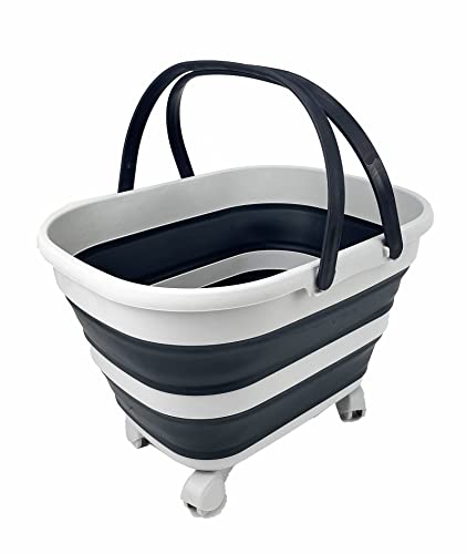SAMMART 17L(4.5 Gallon) Collapsible Basket with Handle-Portable Outdoor Picnic Basket/Crater with 360˚ Rotating Wheels-Foldable Shopping Bag-Space Saving (Grey/Slate Grey)