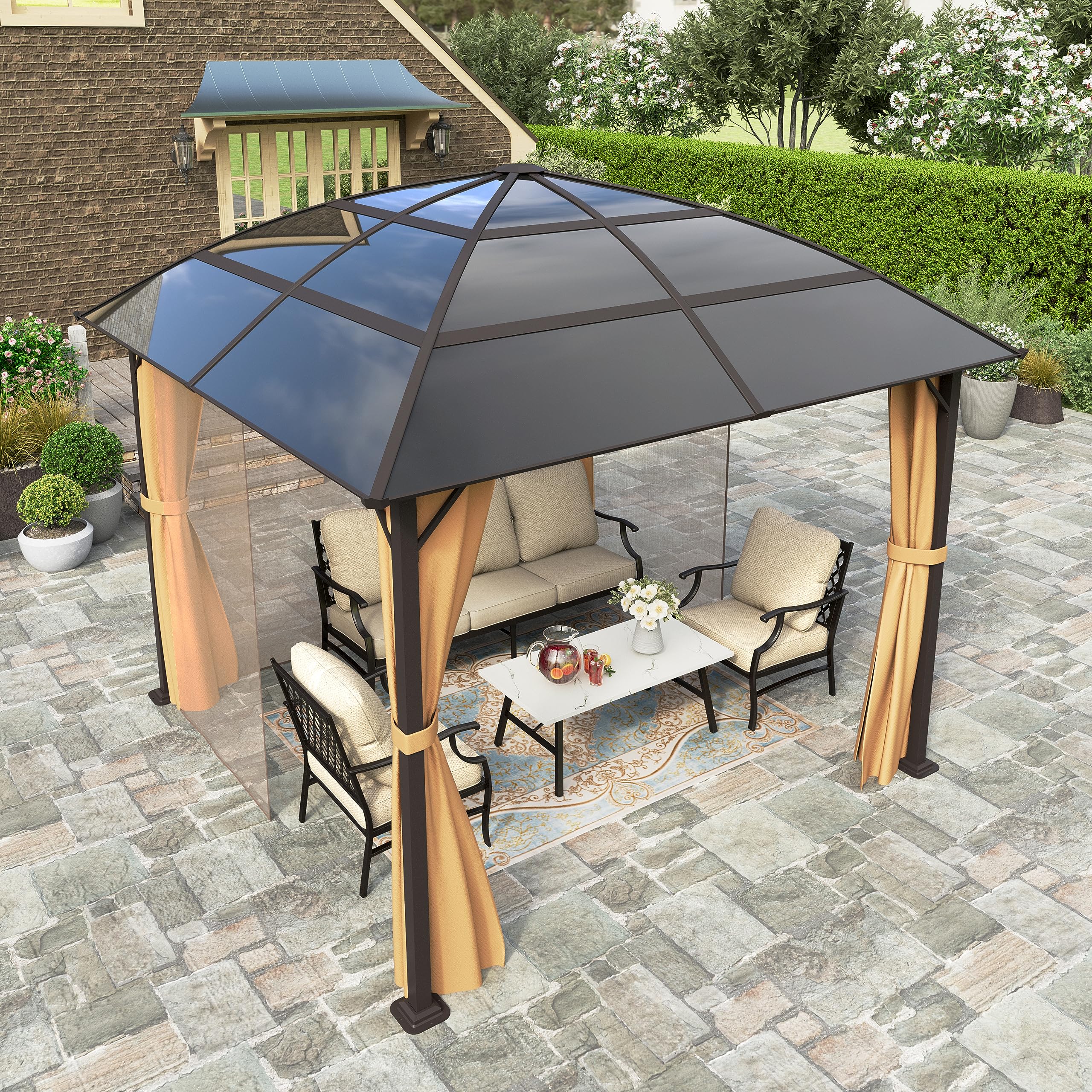 HERA'S HOUSE 10x10 Outdoor Hardtop Gazebo, Patio Canopy Flea Defence with Mosquito Netting&Curtains, Permanent Polycarbonate Tent Pergola for Lawn, Parties, Courtyard, Garden(Brown)
