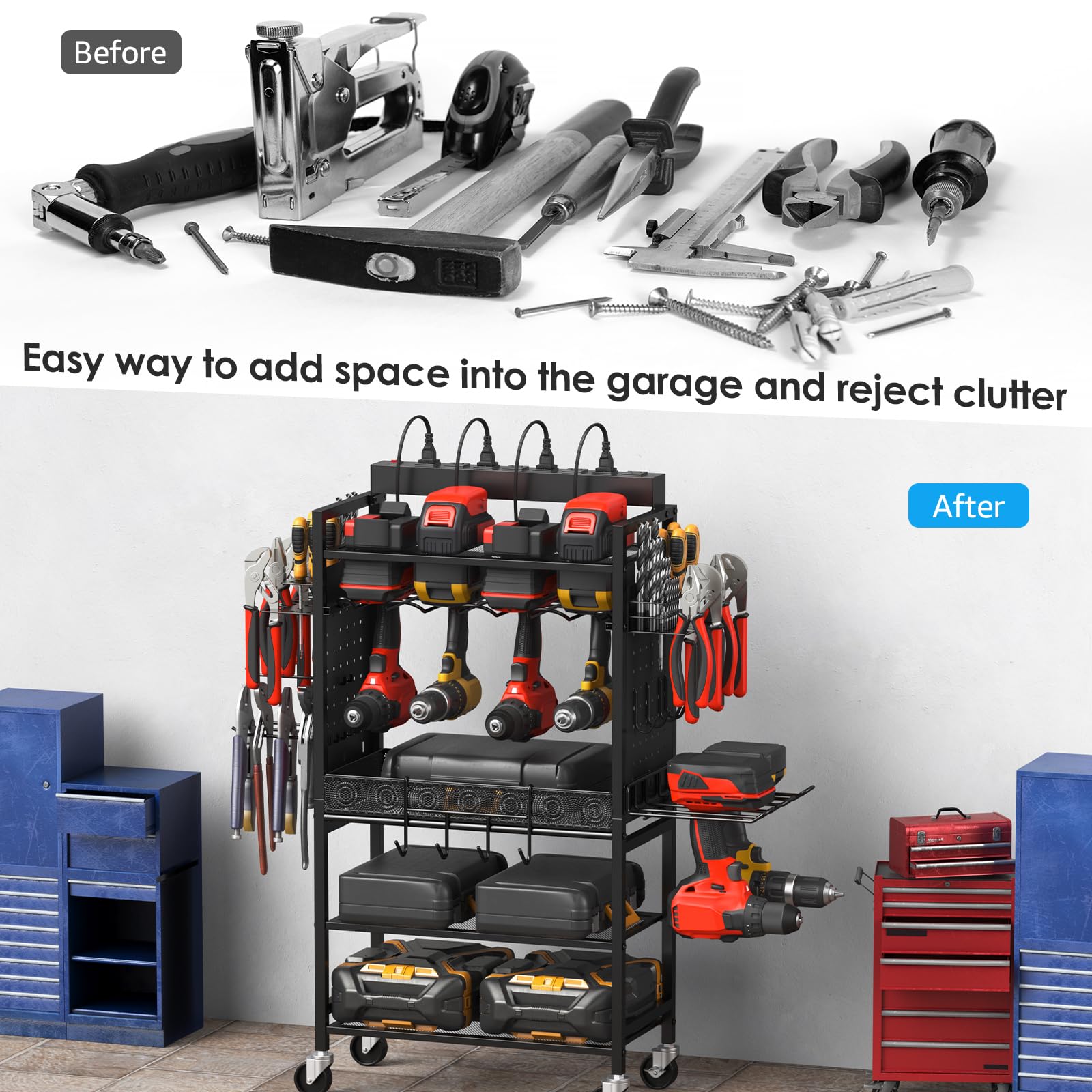 CCCEI Power Tool Organizer Cart with Charging Station, Garage Floor Rolling Storage Cart on Wheels for Mechanic, Mobile 6 Drill, Tool Box Utility Cart with Battery Charging Power Strip, Black