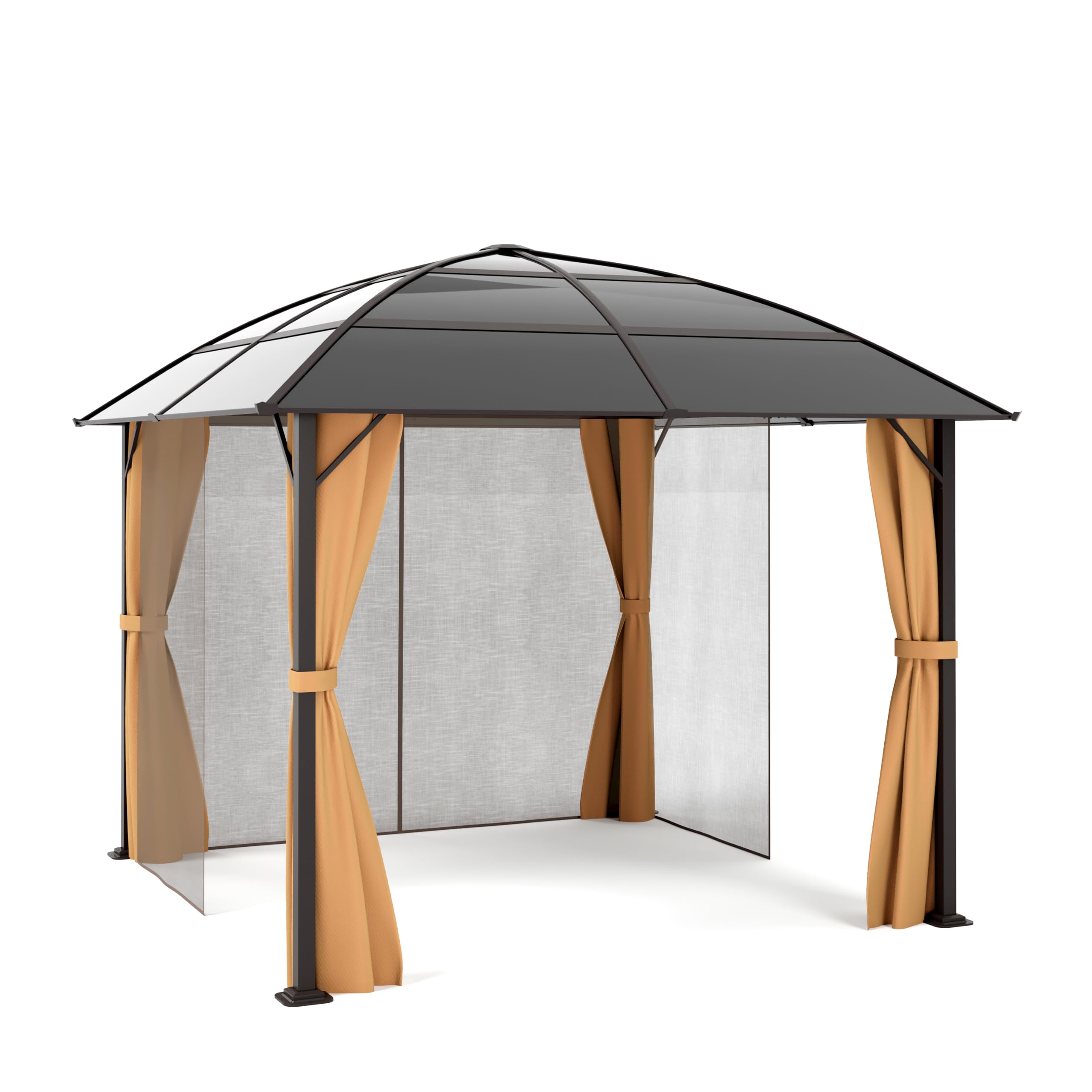 HERA'S HOUSE 10x10 Outdoor Hardtop Gazebo, Patio Canopy Flea Defence with Mosquito Netting&Curtains, Permanent Polycarbonate Tent Pergola for Lawn, Parties, Courtyard, Garden(Brown)