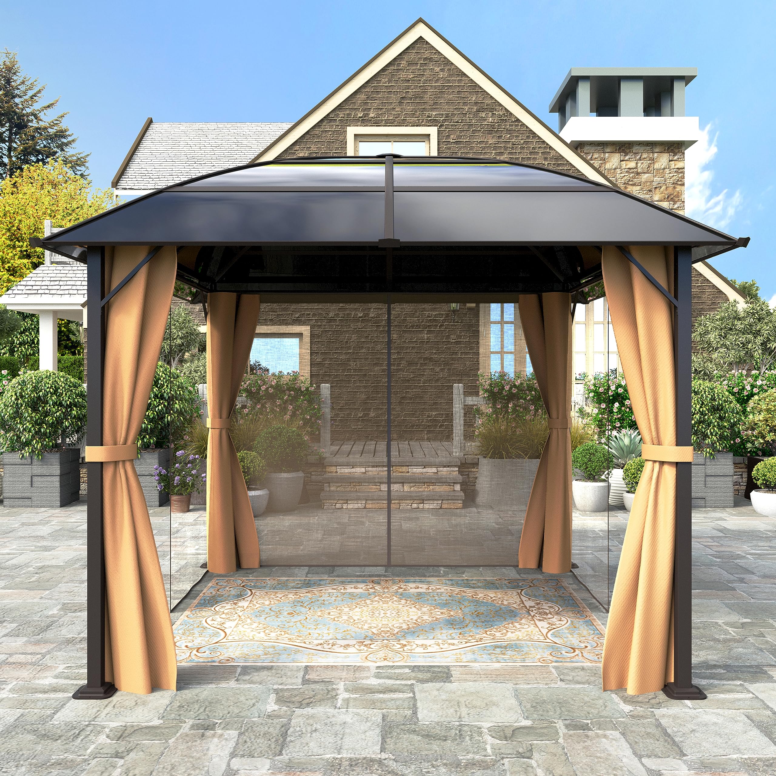 HERA'S HOUSE 10x10 Outdoor Hardtop Gazebo, Patio Canopy Flea Defence with Mosquito Netting&Curtains, Permanent Polycarbonate Tent Pergola for Lawn, Parties, Courtyard, Garden(Brown)