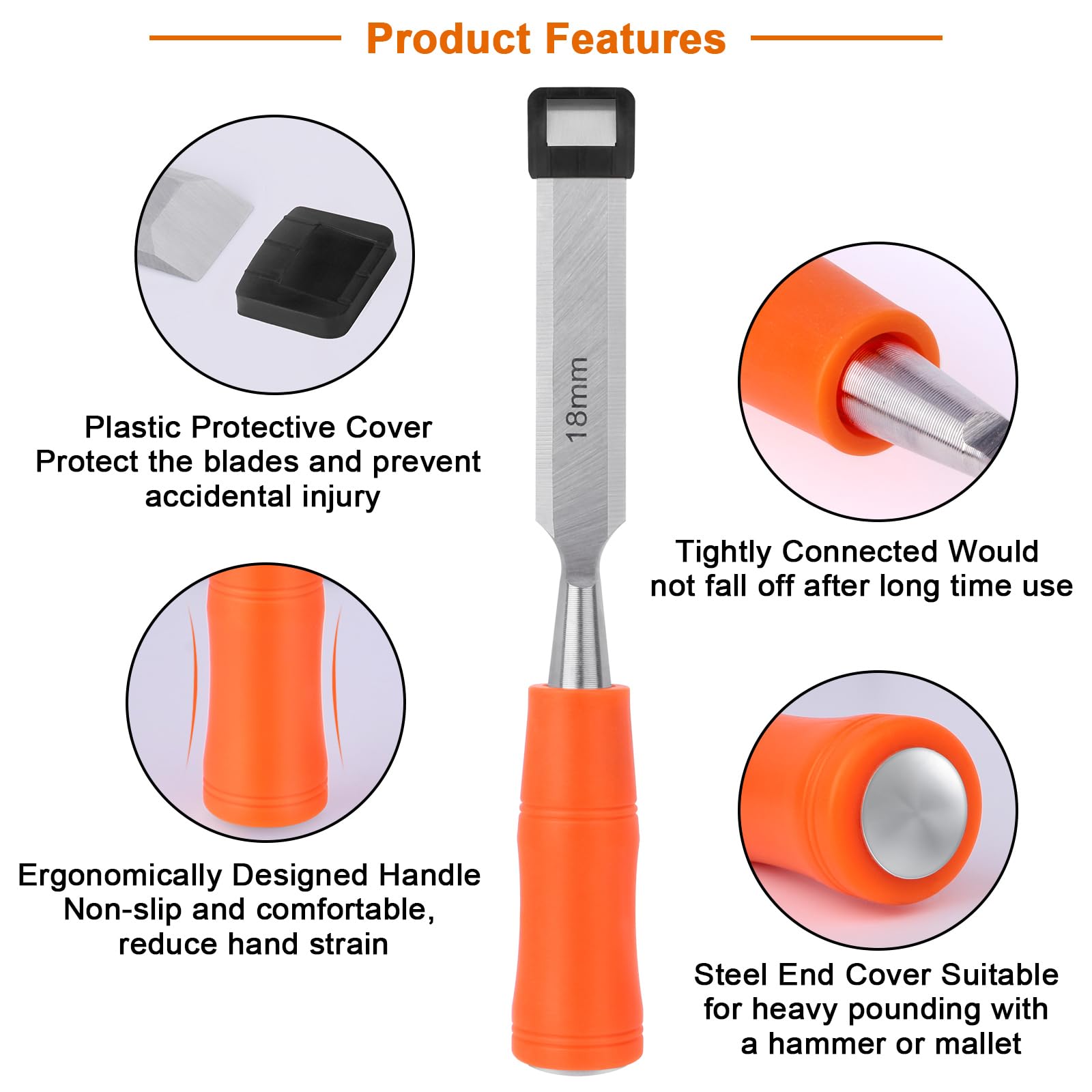 4 Piece Wood Chisel Sets Woodworking Tools Set, Wood Chisels for Woodworking with Steel Hammer End, Wood Tools Chisel Set Woodworking with Ergonomic Plastic Handle, 6mm, 12mm, 18mm, 24mm