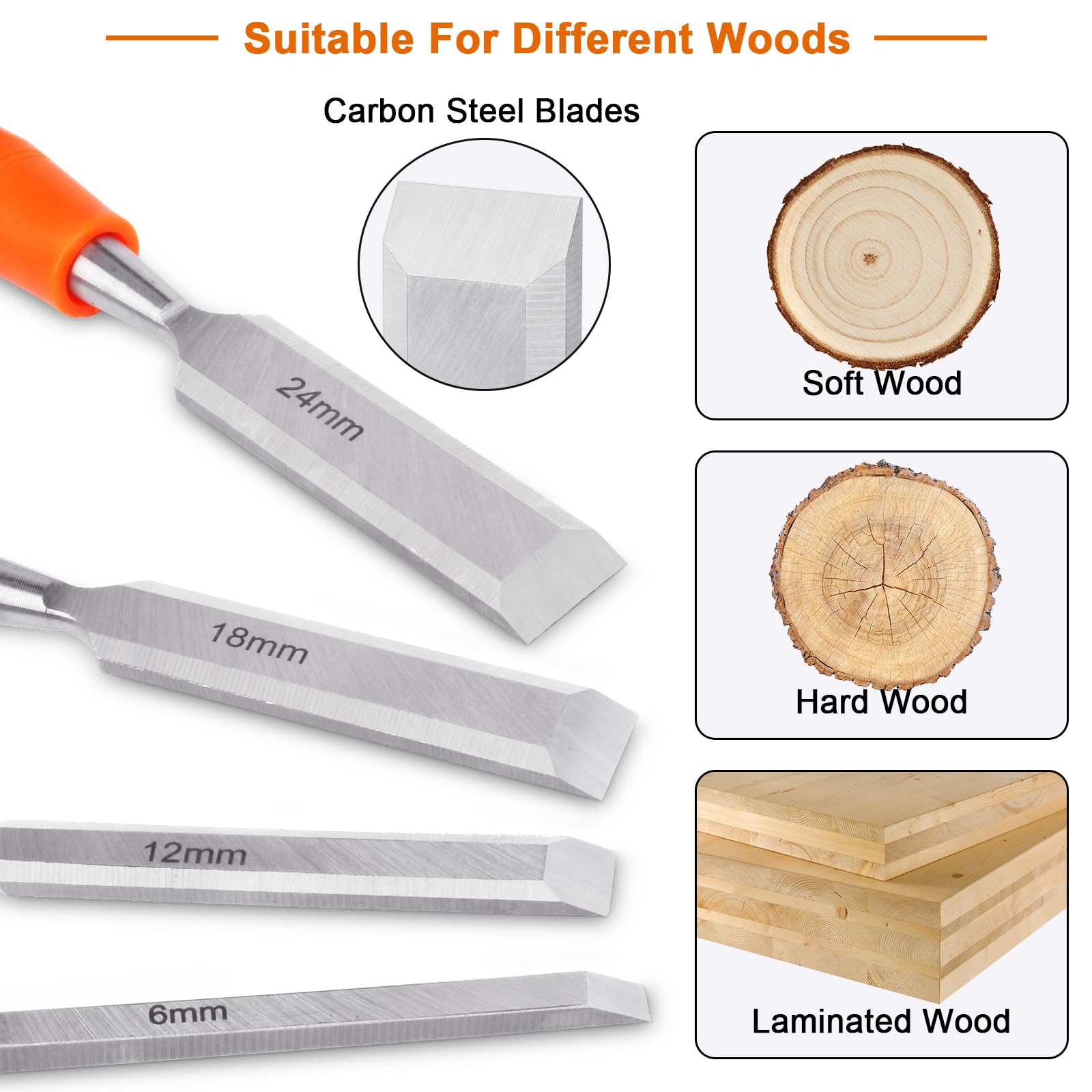 4 Piece Wood Chisel Sets Woodworking Tools Set, Wood Chisels for Woodworking with Steel Hammer End, Wood Tools Chisel Set Woodworking with Ergonomic Plastic Handle, 6mm, 12mm, 18mm, 24mm