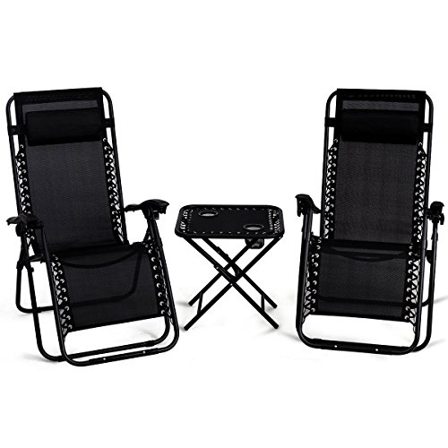 Giantex 3 PCS Zero Gravity Chair Patio Chaise Lounge Chairs Outdoor Yard Pool Recliner Folding Lounge Table Chair Set (Black)