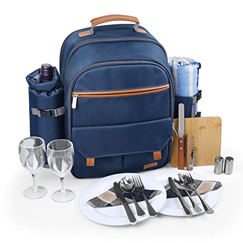 Sunflora Picnic Backpack for 2 Person Set Pack with Insulated Waterproof Pouch for Couple Outdoor Camping (Navy)