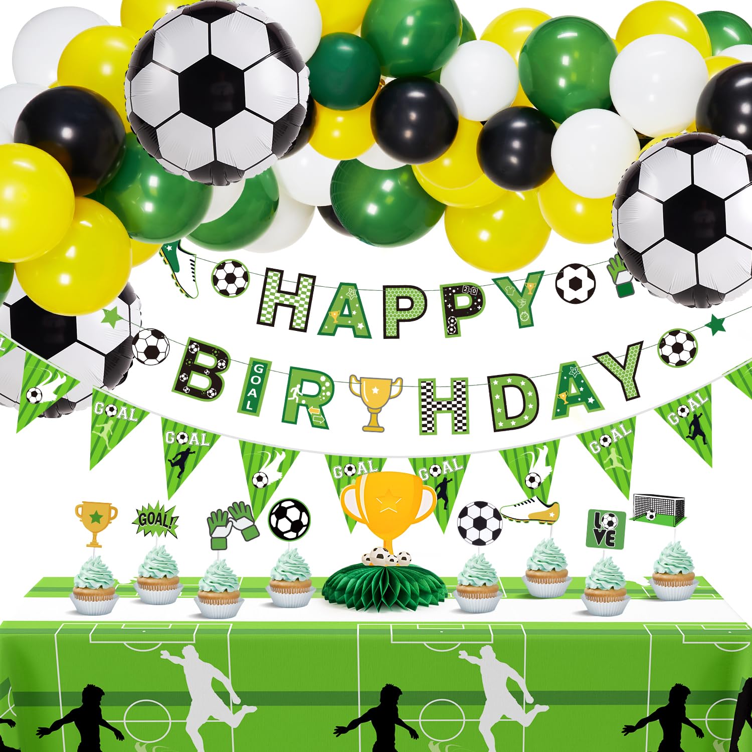 Homarkable Soccer Party Decorations, 91 Pcs Soccer Birthday Decorations Party Supplies with 24 Pcs Soccer Cake Toppers, Soccer Balloons, Tablecloth (84” x 55’) Happy Birthday Banner and Centerpiece