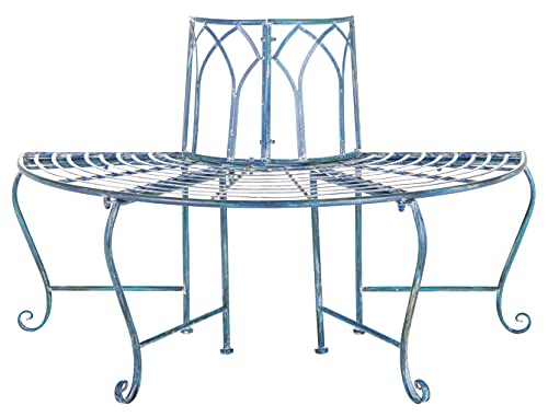 Safavieh PAT5018C Outdoor Collection Abia Antique Wrought Iron 50-inch Tree Bench, Mossy Blue