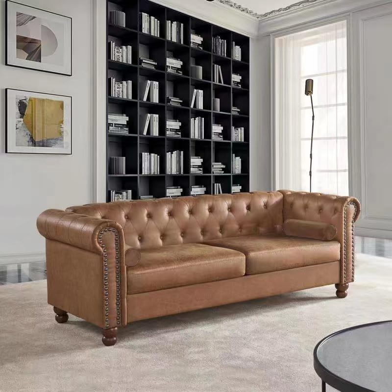 80.3'' Chesterfield Sofa, Classic 3 Seat Tufted Upholstered Couch, High-tech Fabric Sleeper Sofa with Nailhead Scrolled Arms for Living Room Apartment Office 80.31" W x 30.31" D x31.88 H (Brown)