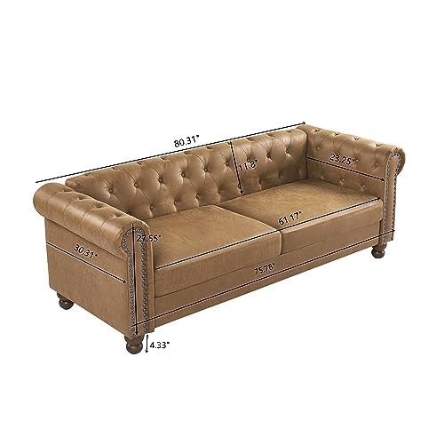80.3'' Chesterfield Sofa, Classic 3 Seat Tufted Upholstered Couch, High-tech Fabric Sleeper Sofa with Nailhead Scrolled Arms for Living Room Apartment Office 80.31" W x 30.31" D x31.88 H (Brown)