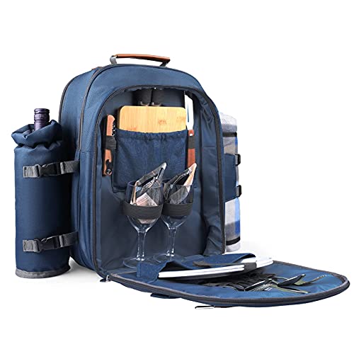 Sunflora Picnic Backpack for 2 Person Set Pack with Insulated Waterproof Pouch for Couple Outdoor Camping (Navy)