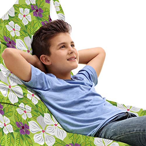 Lunarable Garden Art Lounger Chair Bag, Pattern with Illustrated Blossoms on Pale Green Background, High Capacity Storage with Handle Container, Lounger Size, Pale Green Violet