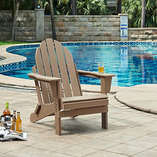 Classic Folding Adirondack Chair, Weather Resistant Patio Seating, Heavy Duty Poly Plastic Outdoor Chairs, Deck Fire Pit Garden Lawn Backyard Porch Chairs - Easy Assemble - Brown