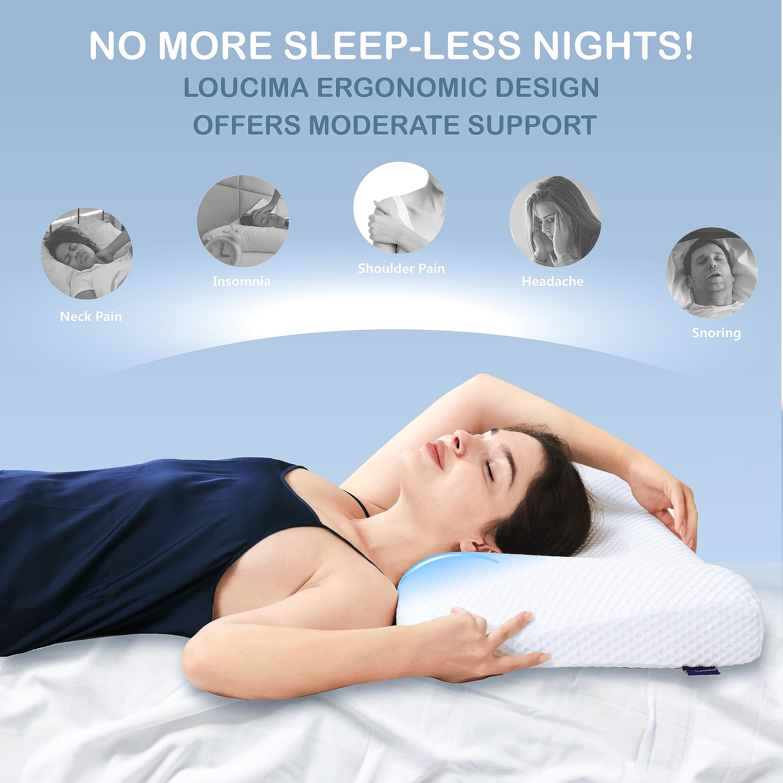 Loucima Cervical Neck Pillows for Pain Relief Sleeping, 2-Way Adjustable Orthopedic Pillow with Ergonomic Hollow Design for Spine Aligning, Memory Foam Contour Bed Pillow for Side Back Stomach Sleeper