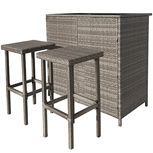 MCombo Patio Bar Set, Wicker Outdoor Table and 2 Stools, 3 Piece Patio Furniture with Storage for Poolside, Backyard, Garden, Porches 6085-1201 (Grey)