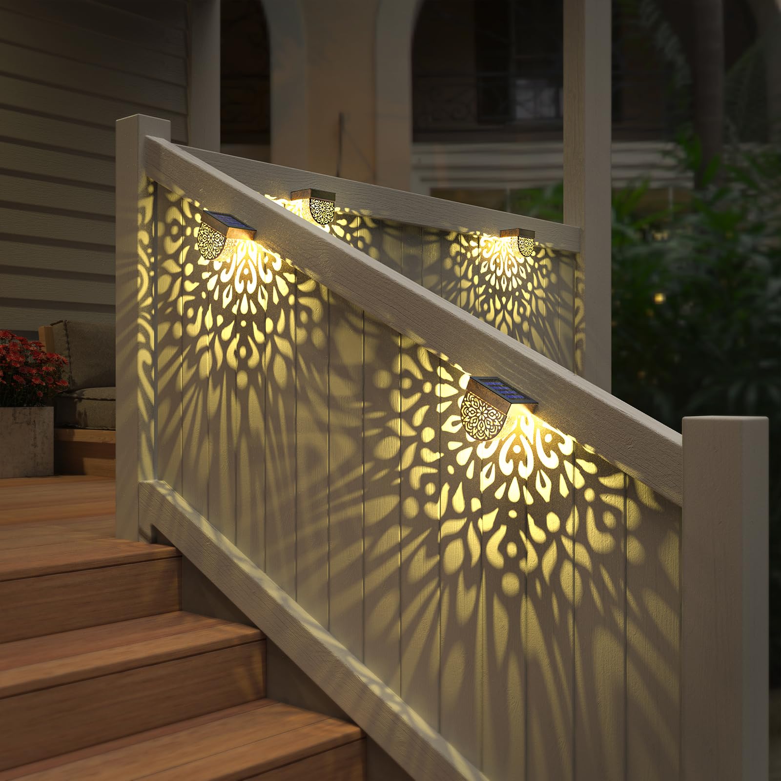 EKQ Solar Fence Lights 6 Pack Solar Deck Lights Outdoor Waterproof LED Solar Powered Step Lights Wall Lights Outdoor Decorations Warm Yellow Light Decorative Lighting for, Front Door, Backyard (Gold)