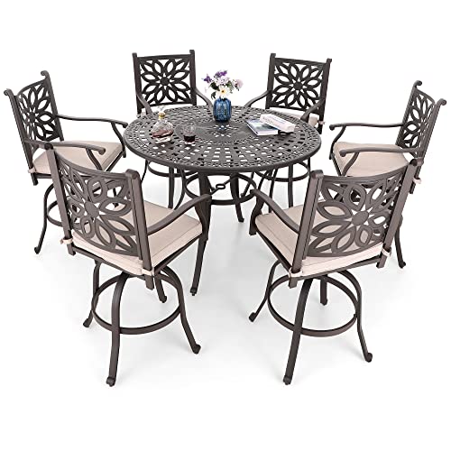 MFSTUDIO Cast Aluminum Bar Height Outdoor Bar stools Set of 2, Swivel Patio Chairs with Extra Wide Seat and Cushion, Brown