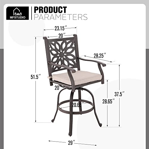 MFSTUDIO Cast Aluminum Bar Height Outdoor Bar stools Set of 2, Swivel Patio Chairs with Extra Wide Seat and Cushion, Brown