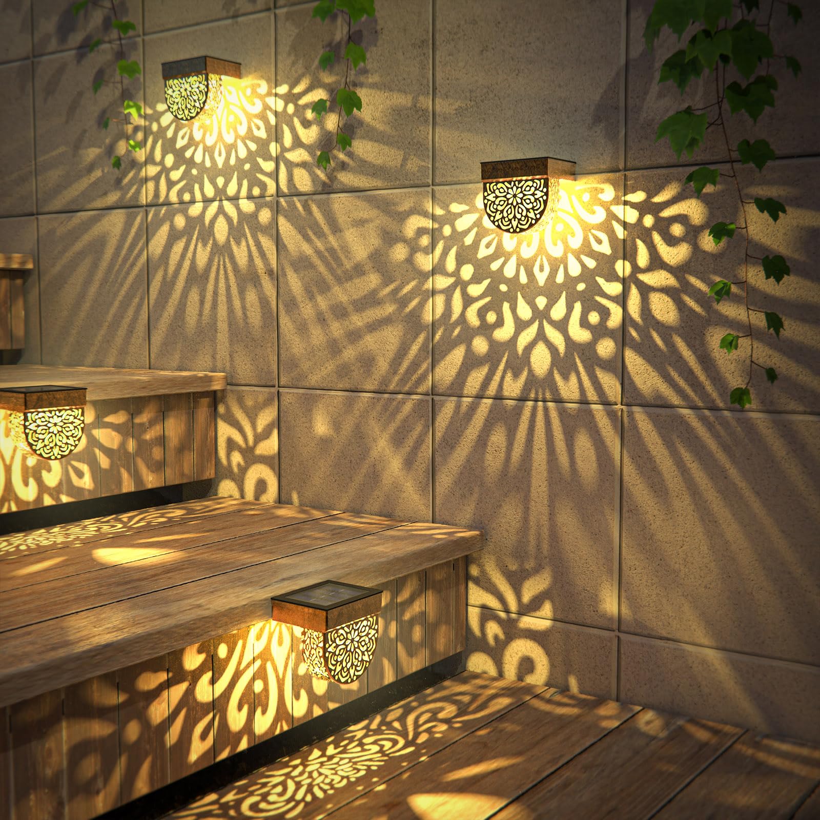 EKQ Solar Fence Lights 6 Pack Solar Deck Lights Outdoor Waterproof LED Solar Powered Step Lights Wall Lights Outdoor Decorations Warm Yellow Light Decorative Lighting for, Front Door, Backyard (Gold)
